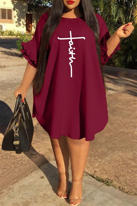 Casual Print Patchwork Flounce O Neck Straight Plus Size Dresses In