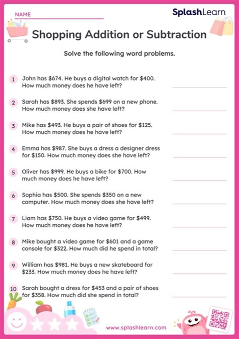 Add Or Subtract Within 1000 Shopping Word Problems Worksheet