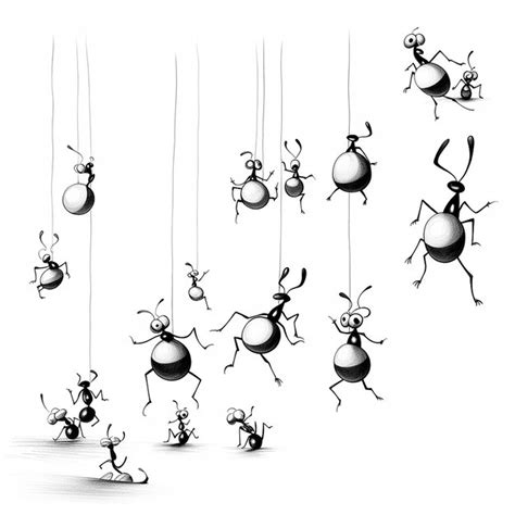 A Group Of Black And White Bugs Hanging From Strings Premium Ai