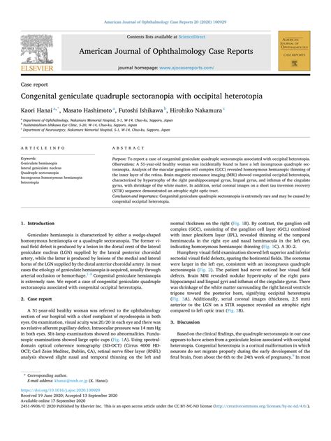 Pdf Congenital Geniculate Quadruple Sectoranopia With Occipital Heterotopia