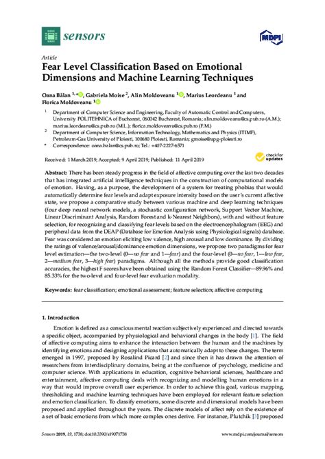 pdf fear level classification based on emotional dimensions and machine learning techniques