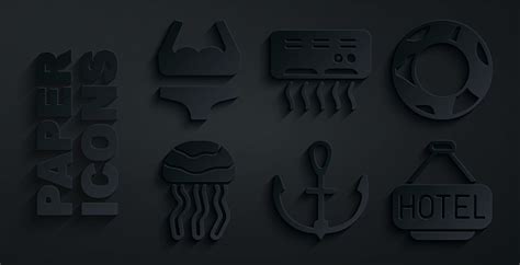 세트 앵커 고무 수영 반지 해파리 텍스트 호텔 에어컨 및 수영복 아이콘과 간판 벡터 3차원 형태에 대한 스톡 벡터 아트 및 기타 이미지 Istock