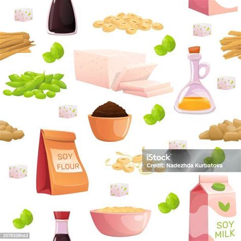 콩 제품 원활한 패턴입니다 단백질의 식물성 공급원 반복되는 채식 음식 두유와 두부 간장 씨 기름 병 콩과 식물 가루 건강한 영양 벡터 배경 Miso Sauce에 대한 스톡