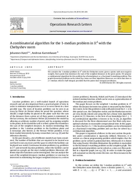 Pdf A Combinatorial Algorithm For The 1 Median Problem In With The Chebyshev Norm