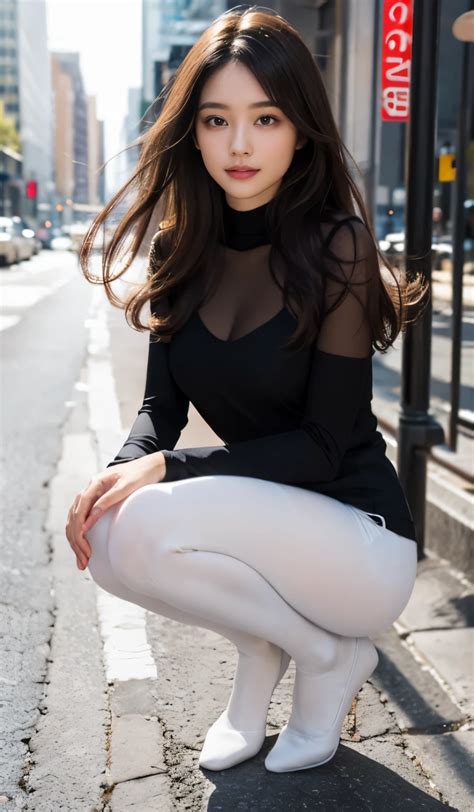 Araffe Asian Woman In Black Top And White Tights Crouching Down On The