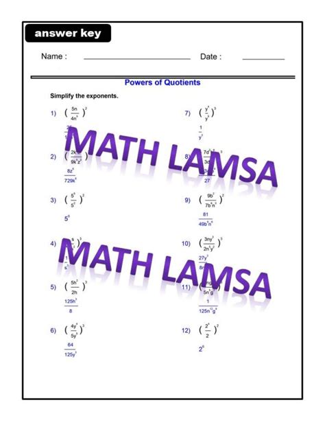 Quotients To A Power Algebra 1 Exponents Worksheets Simplify The