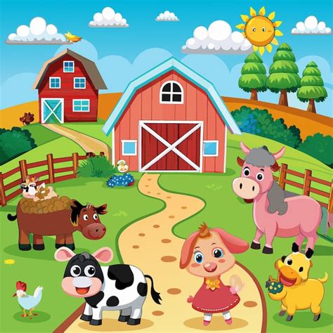 мультфильм с изображением сельскохозяйственных животных и фермы с амбаром на заднем плане