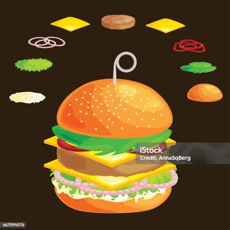 햄버거 구이 쇠고기 야채 세트 소스 롤빵 스낵 햄버거 패스트 푸드 식사 메뉴 바베 큐 고기 배경과 자세한 개별 비행 조각 메뉴 재료 Vecor 일러스트와 옷 치즈 샌드위치에