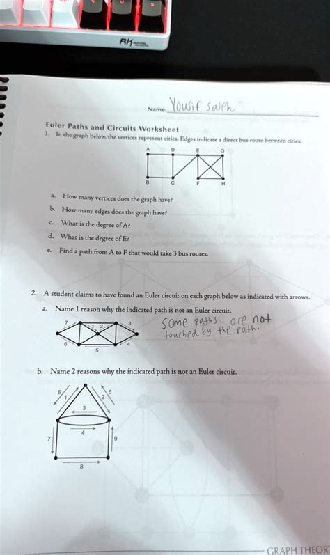 Name Yousif Saleh Euler Paths And Circuits Worksheet 1 In The Graph Below The Vertices Represent