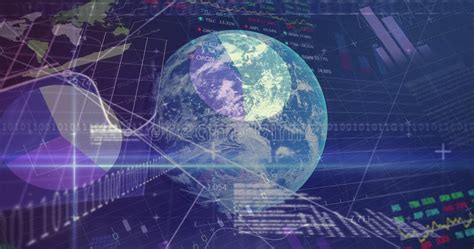 Presenting Globe Rotating In Dark Interface Showing Pie Bar And Line