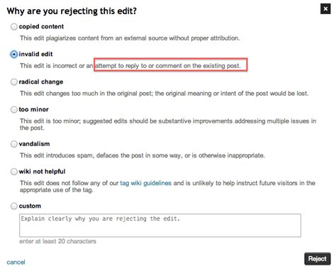 Invalid Edit Reject Reason Does Not Make Sense For Tag Wiki Edits Meta Stack Exchange