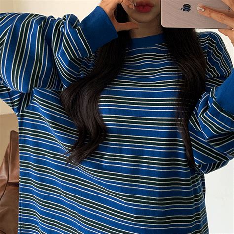 본지샵 류 스트라이프 박시핏 긴팔 티셔츠 T 남녀공용오버핏통통단가라간절기66 77 무료배송