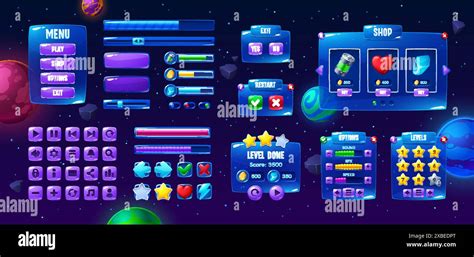 Galaxy Space Game Interface Button And Panel Loading Bars Asset Vector Menu Play Shop