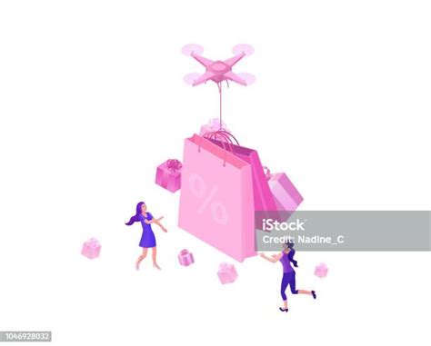 무인 항공기 제공 분홍색 선물 상자 활과 행복 소녀와 패킷 아이소메트릭 판매 디자인 전자 상거래 할인 캠페인 방문 페이지 서식 파일 사용자와 3d 벡터 일러스트 레이 션에