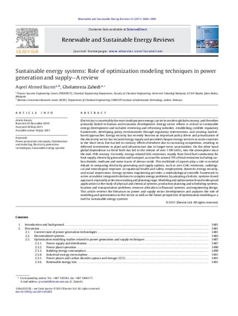 Pdf Sustainable Energy Systems Role Of Optimization Modeling Techniques In Power Generation