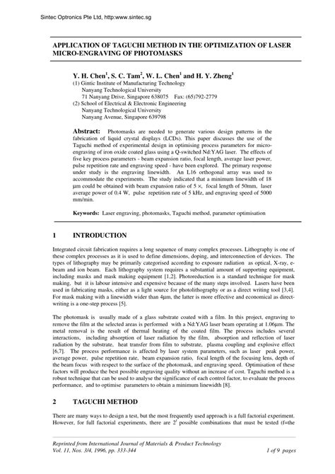 Pdf Application Of The Taguchi Method In The Optimization Of Laser Micro Engraving Of Photomasks