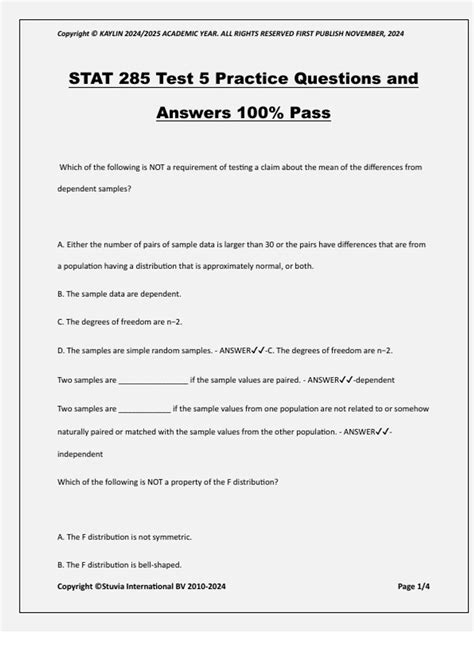 Stat 285 Test 5 Practice Questions And Answers 100 Pass Stat Stuvia Us
