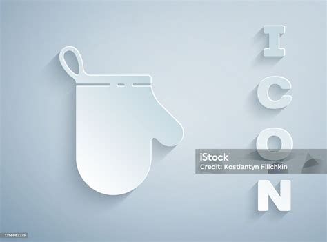 회색 배경에 격리 된 종이 컷 오븐 장갑 아이콘 주방 냄비 표시자 기호 요리 장갑 종이 아트 스타일 벡터 일러스트레이션 3차원 형태에 대한 스톡 벡터 아트 및 기타 이미지