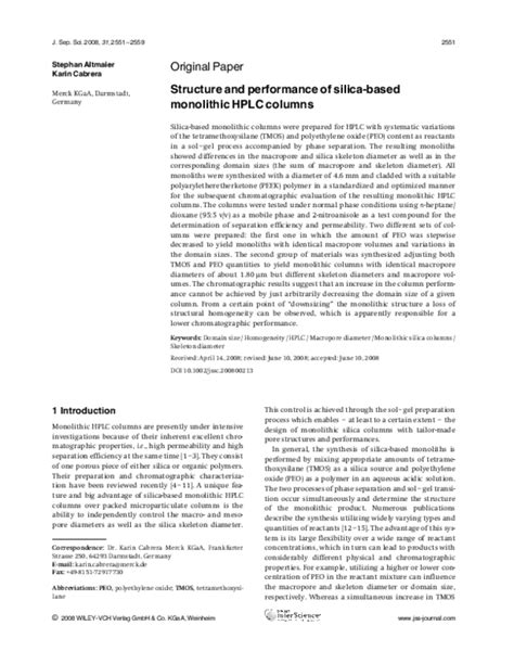 Pdf Structure And Performance Of Silica Based Monolithic Hplc Columns