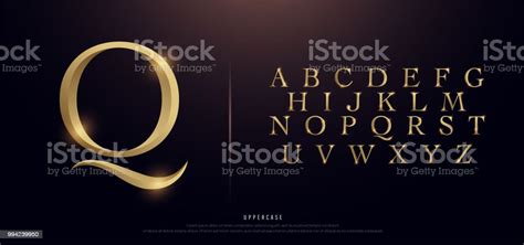 우아한 골드 컬러 메탈 크롬 대문자 알파벳 글꼴의 집합입니다 타이 포 그래피 골든 클래식 스타일 폰트 로고 포스터 초대장에 대 한 설정입니다 벡터 일러스트 레이 션 컴퓨터