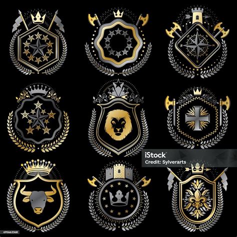 명품 전 령 벡터 템플릿 집합입니다 벡터 기호 Blazons 그래픽 요소 로얄 크라운 중세 성곽 병기 및 종교 십자가 사용 하 여 만든 컬렉션입니다 검에 대한 스톡 벡터
