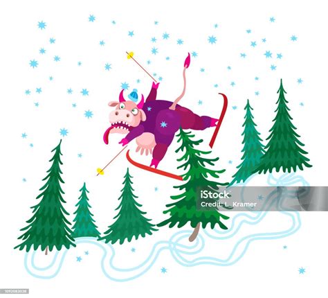 파란색 눈송이와 유머 겨울 휴가 휴일 티 셔츠 인쇄 만화 미친 암소가 산에서 스키와 스프루 스 나무에 책 표지 포스트 카드 초대