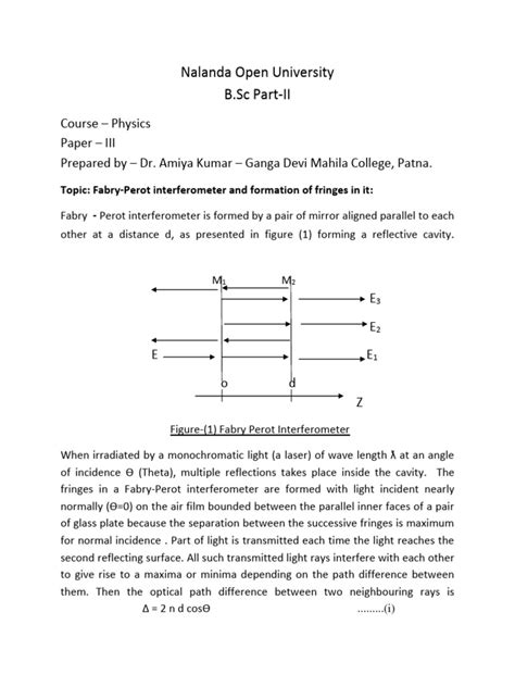Fabry Perot Interferometer And Formation Of Fringes In It Pdf Interferometry Materials Science