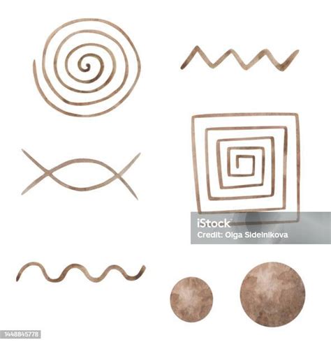 손으로 그린 추상 장식 아이콘의 수채화 그림 갈색 점 사각형 지그재그 공 원 구 이집트 스타일의 요소 집합입니다 인쇄 섬유 포장을 위한 격리된 클립 아트 0명에 대한 스톡