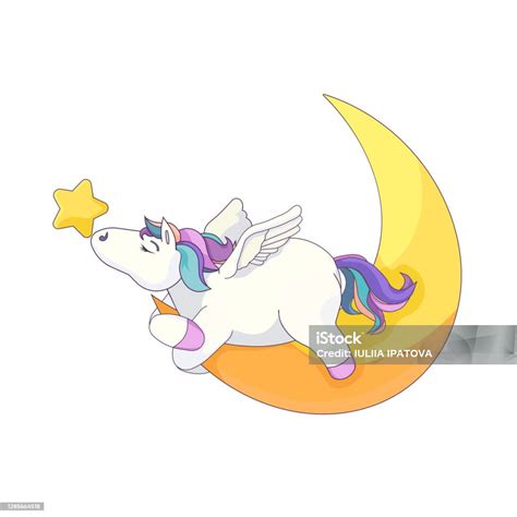 달에 만화 귀여운 페가수스 벡터 페가수스는 흰색 고립 된 배경에 별을 위해 뻗어있다 초승달에 별과 고립 된 페가수스 마법의 말과