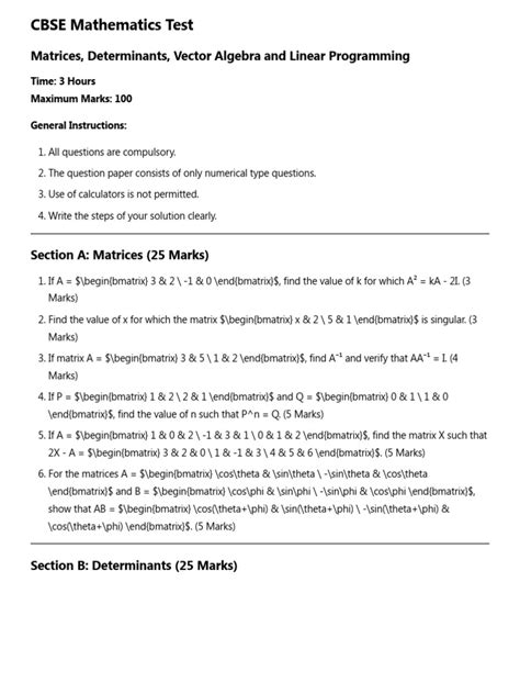 Cbse Mathematics Test Matrices Determinants Vector Algebra And