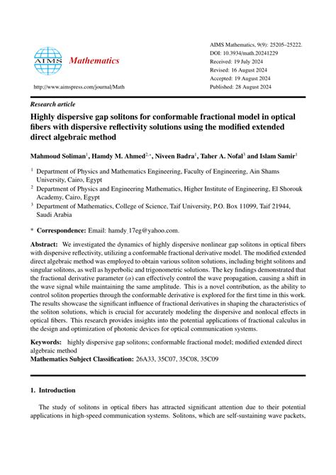Pdf Highly Dispersive Gap Solitons For Conformable Fractional Model In Optical Fibers With