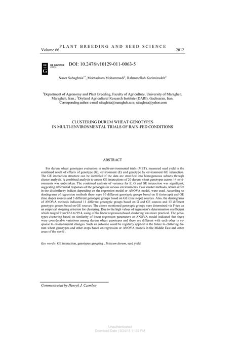 Pdf Clustering Durum Wheat Genotypes In Multi Environmental Trials Of