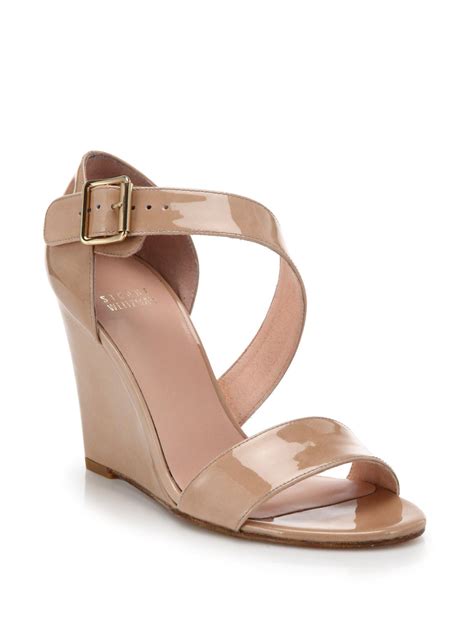 Stuart Weitzman Lineone Patent Leather Wedge Sandals In Nude Natural Lyst