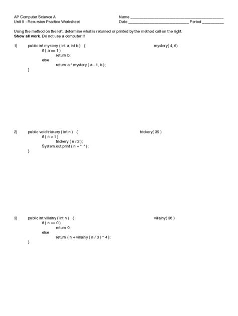 Fillable Online Unit 9 Recursion Practice Worksheet Fax Email Print
