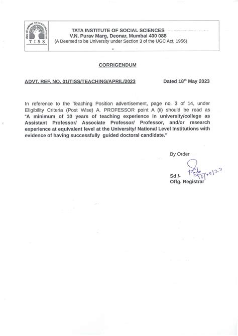 Corrigendum Ugc Teaching Positions 2023 Tata Institute Of Social Sciences