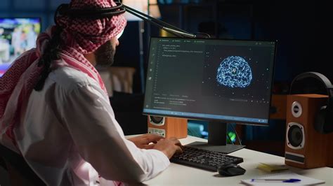 arab admin using computer to visualize artificial intelligence neural
