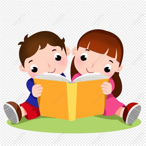 การ์ตูนเด็กผู้ชายและเด็กผู้หญิงนั่งด้วยกันอ่านหนังสือ Png สำหรับการดาวน์โหลดฟรี Lovepik