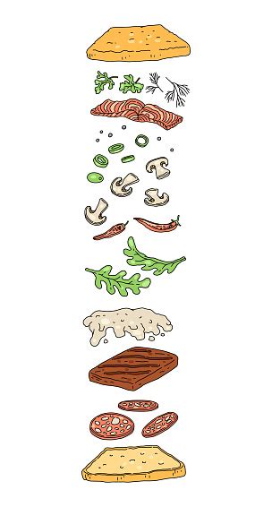 샌드위치 준비의 구성 손으로 그린 벡터 일러스트 는 고립 샌드위치 음식에 대한 스톡 벡터 아트 및 기타 이미지 샌드위치 음식 드로잉 음식 재료 Istock