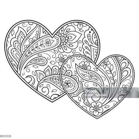 헤나 드로잉과 문신에 대한 마음의 형태로 멘디 꽃 패턴 민족 동양 인도 스타일의 장식 발렌타인 데이 인사말 색칠 공부 책 페이지 0명에 대한 스톡 벡터 아트 및 기타 이미지