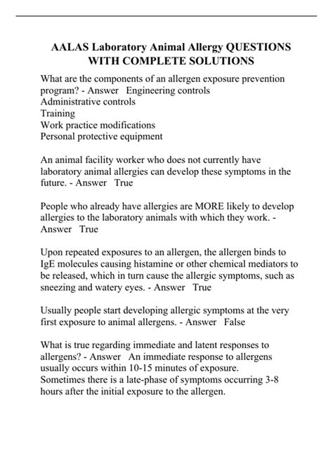 Aalas Laboratory Animal Allergy Questions With Complete Solutions