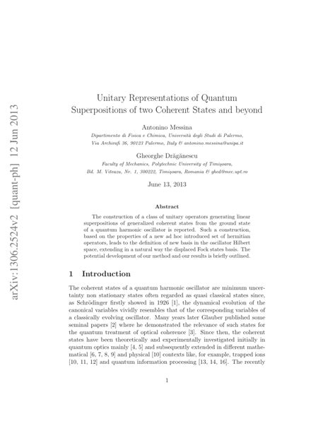 PDF Unitary Representations Of Quantum Superpositions Of Two Coherent States And Beyond