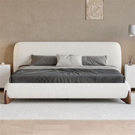 Modern White Boucle Platform Bed Queen Size Bed Frame With Upholstered