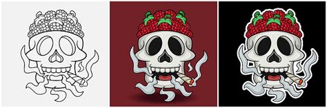 라즈베리 과일 안에 두개골 머리 흡연 캐릭터 만화 블랙 화이트 다채롭고 스티커 스타일 T 셔츠에 대한 스톡 벡터 아트 및 기타 이미지 T 셔츠 건강한 생활방식 건강한