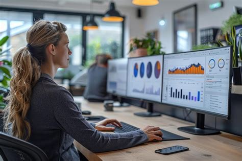 a woman sits at a desk with a computer monitor showing a graph premium ai generated image