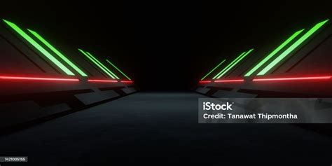 녹색 빨간색 네온으로 빛나는 배경으로 우주선 복도의 3d 렌더링 미래 광고 쇼룸 기술 미래 현대 스포츠 메타버스 게임 차고를위한