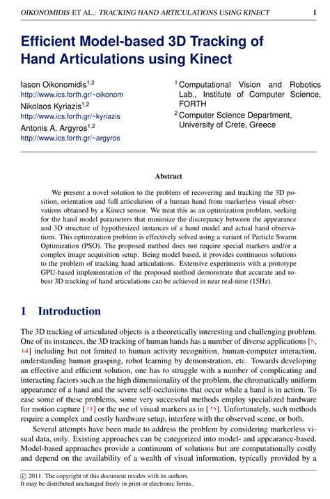 Pdf Efficient Model Based 3d Tracking Of Hand Articulations Using Kinect