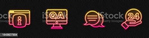 라인 말풍선 채팅 설정 Faq 정보로 모니터링 질문 및 답변 및 전화 24시간 지원 빛나는 네온 아이콘입니다 벡터 24에 대한 스톡 벡터 아트 및 기타 이미지 Istock