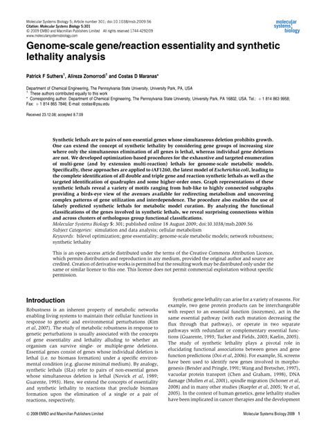 Pdf Genome Scale Gene Reaction Essentiality And Synthetic Lethality Analysis