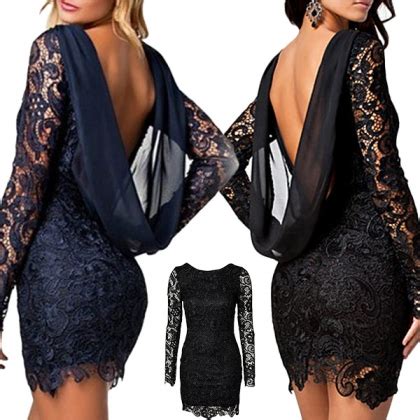 Sexy Backless Chiffon Spliced Long Sleeve Lace Dress