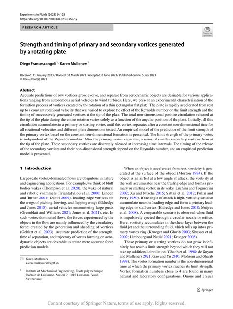 Pdf Strength And Timing Of Primary And Secondary Vortices Generated By A Rotating Plate